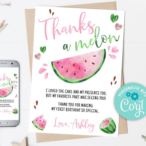 Editable Watermelon Thank You Card Thanks a Melon Thank You - Etsy