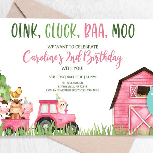 Editable Farm Birthday Invitation Pink Farm Animals Birthday - Etsy