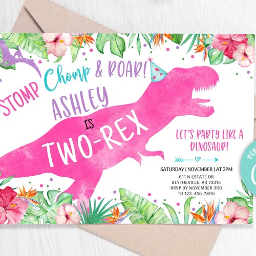 EDITABLE Two-rex Dinosaur Birthday Invitation Dino T-rex - Etsy