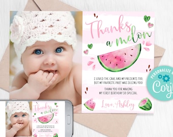 Thanks a Melon Thank You Card, Editable Watermelon Thank You Card, One ...