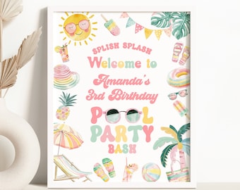Editable Pastel Pool Party Welcome Sign Tropical Splish Splash Girly ...
