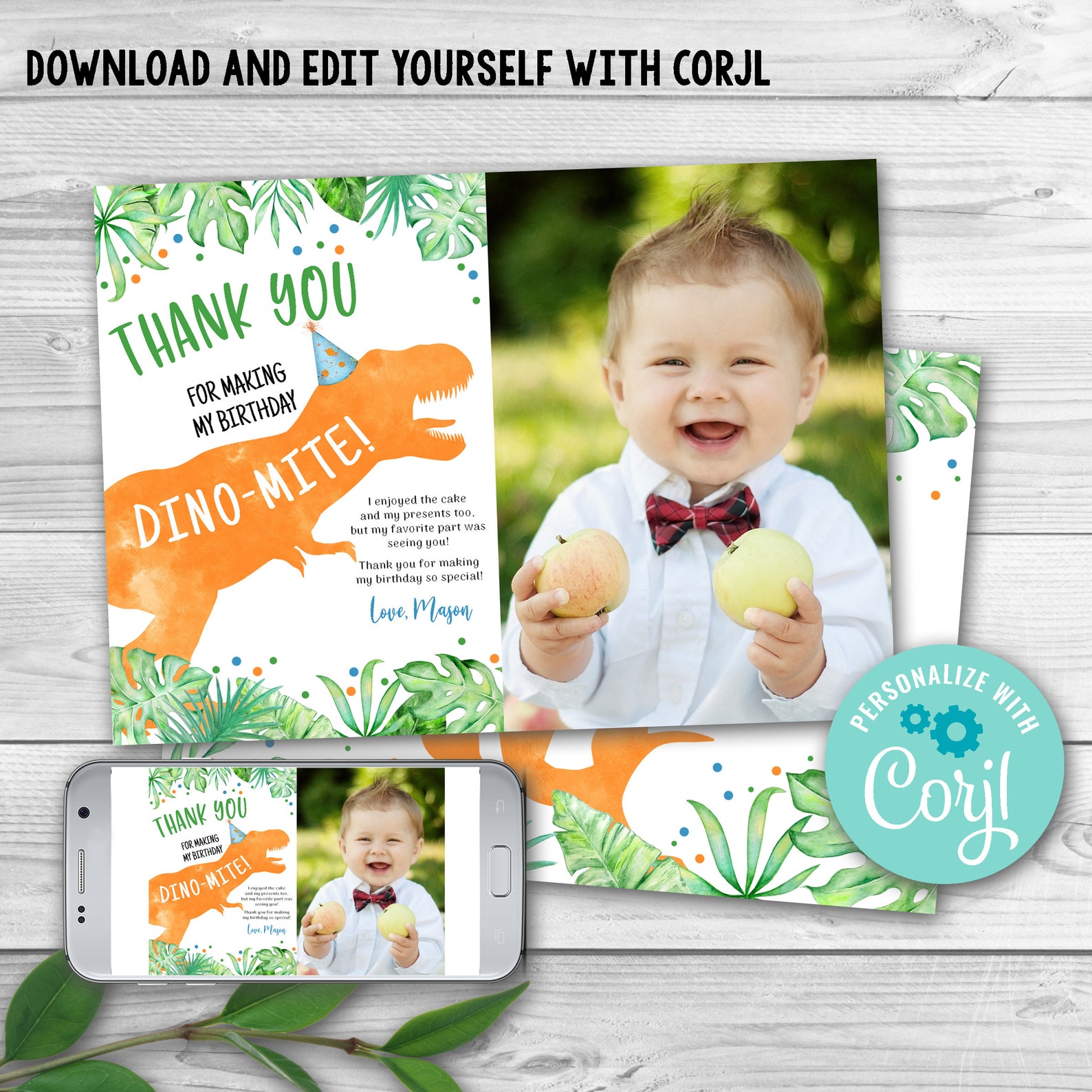 EDITABLE Watercolor Dinosaur Thank You Card, Dinosaur Birthday Thank ...