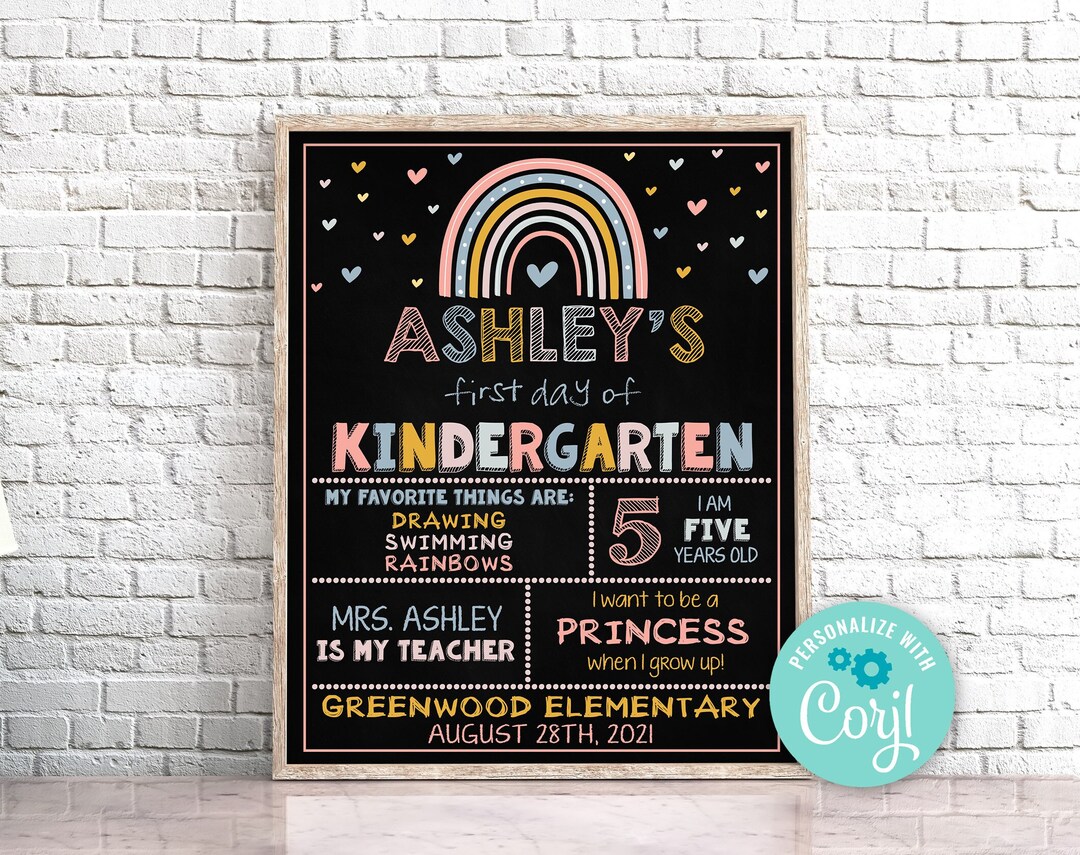 Editable First Day of Kindergarten Sign, Boho Rainbow First Day of ...