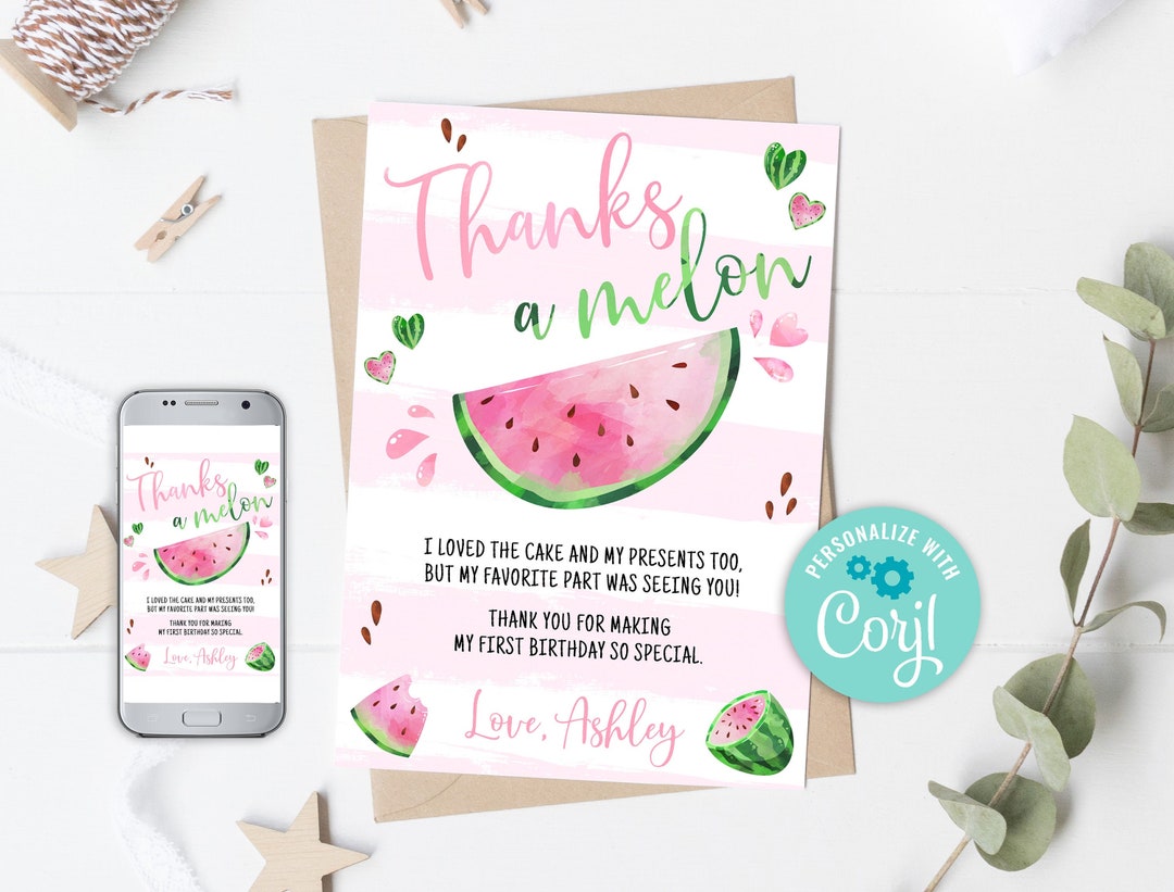 Editable Watermelon Thank You Card, Thanks a Melon Thank You Card, One ...