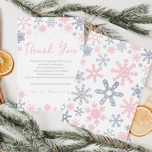 Editable Snowflake Thank You Card Winter Baby Shower Thank You Pink ...
