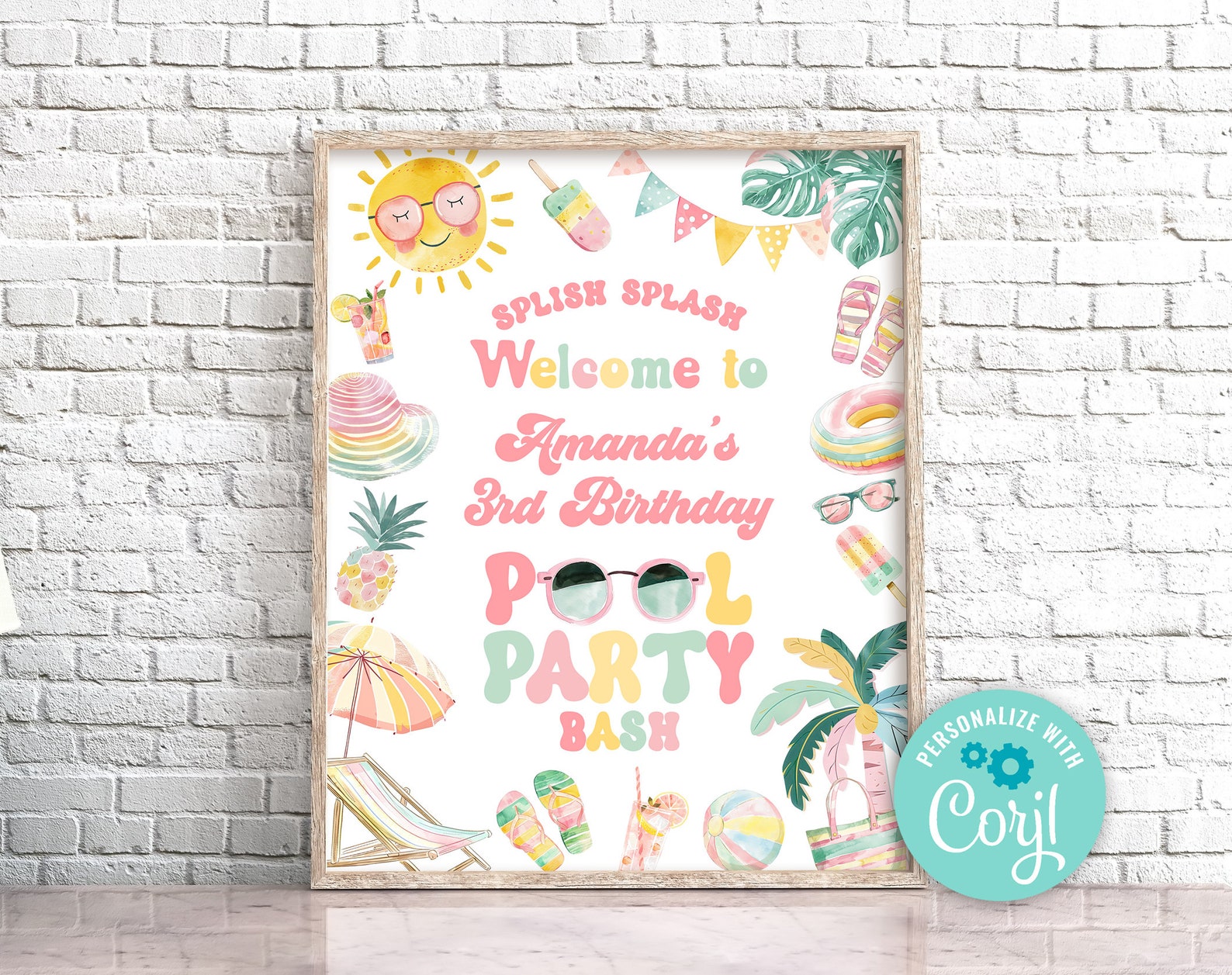 Editable Pool Party Welcome Sign Girl Summer Party Welcome Tropical ...