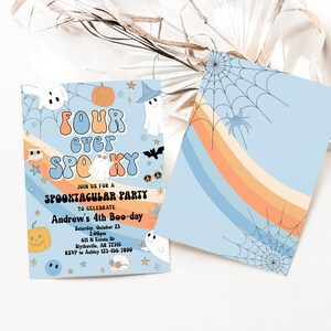 Editable Four Ever Spooky Halloween Ghost Invitation Blue Retro Groovy ...