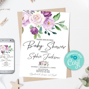EDITABLE Purple Floral Baby Shower Set, Lilac Baby Shower Invitation ...