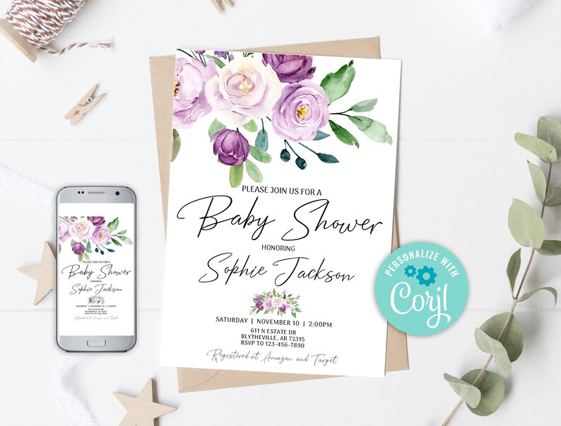 EDITABLE Purple Floral Baby Shower Set, Lilac Baby Shower Invitation ...