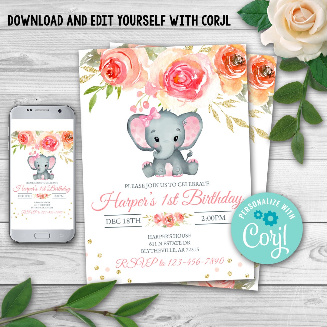 EDITABLE Elephant First Birthday Invitation. Baby Elephant Invitations ...