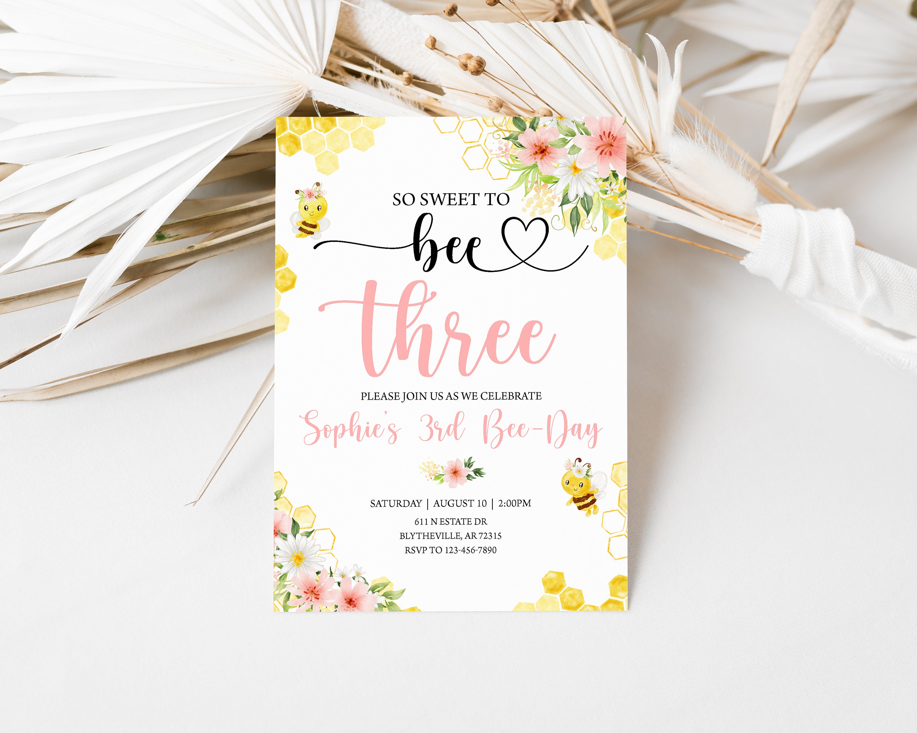 Editable 3rd Bee Birthday Invitation Bumble Bee Birthday Party 3rd Bee ...