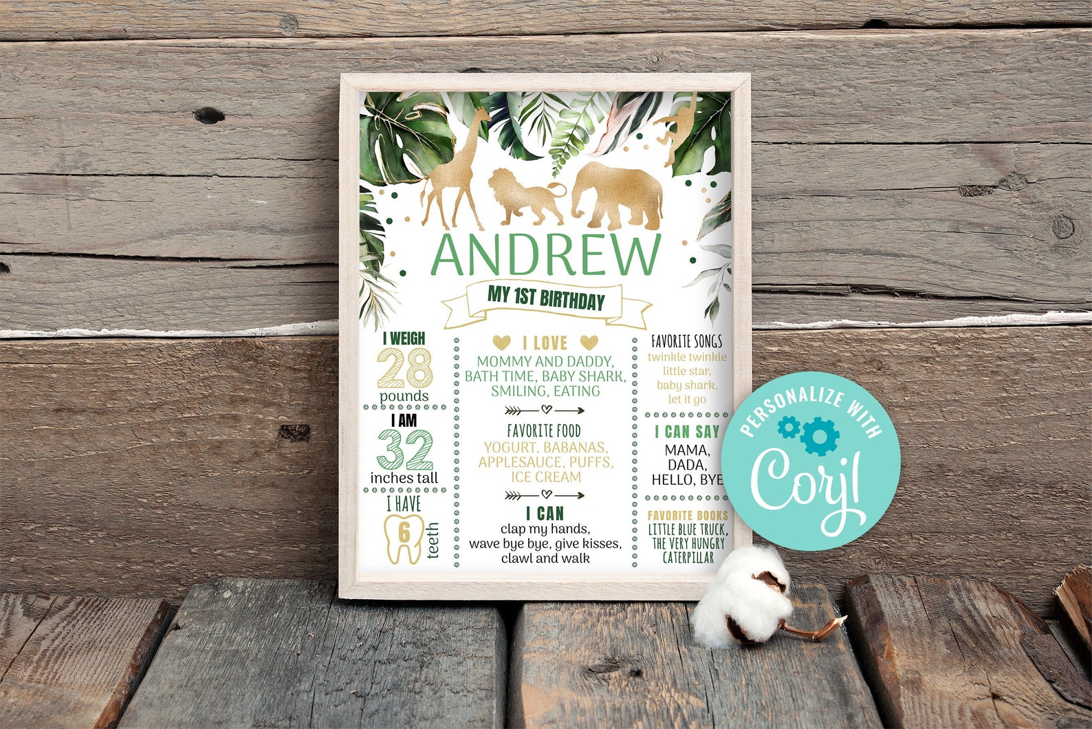 Editable Jungle Gold Milestone Birthday Poster Safari Animals - Etsy