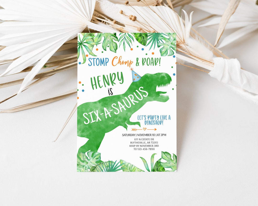 EDITABLE Six-a-saurus Dinosaur Birthday Invitation Green Dino T-rex ...