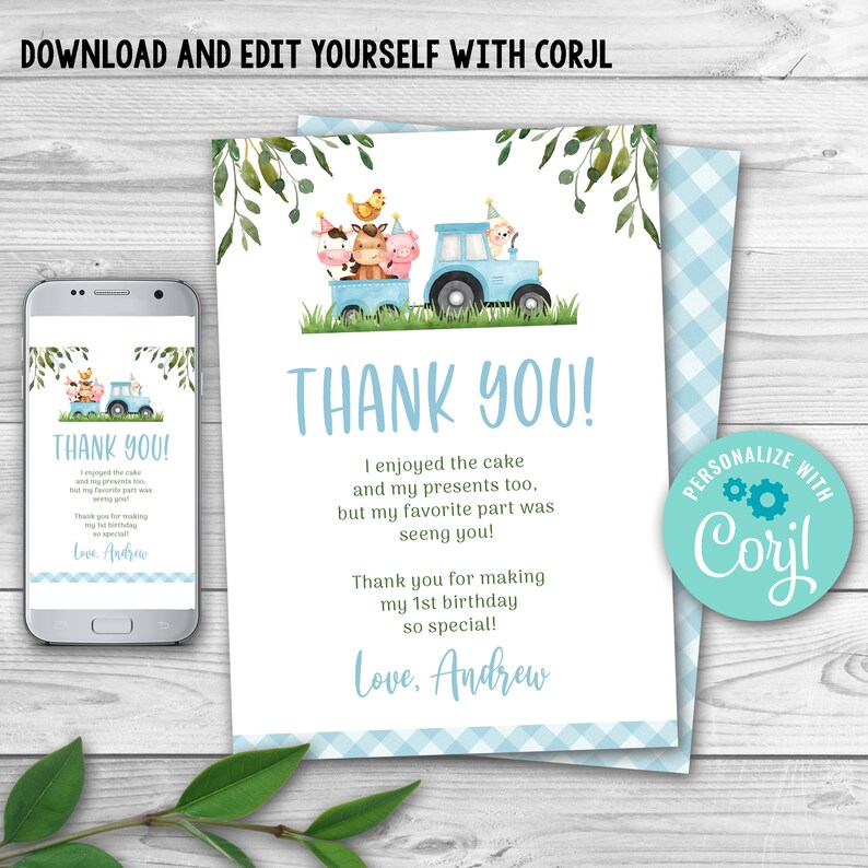 Editable Farm Thank You Card Blue Farm Birthday Party Thank You Farm ...