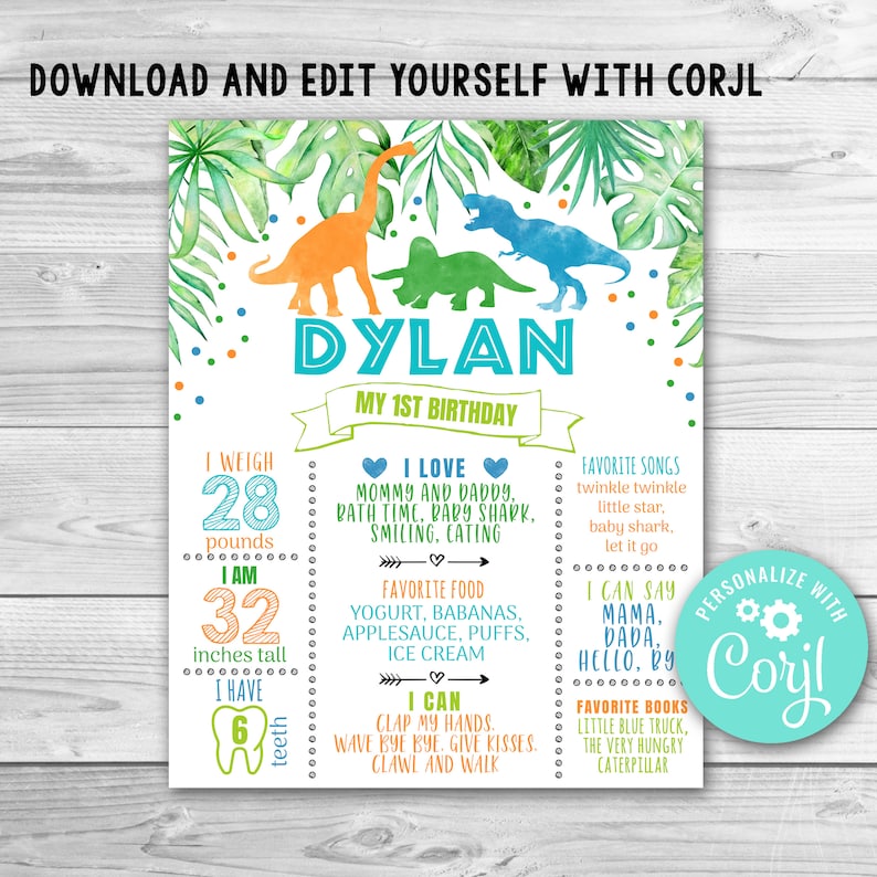 Editable Dinosaur Milestone Birthday Poster, Safari Dino Birthday ...