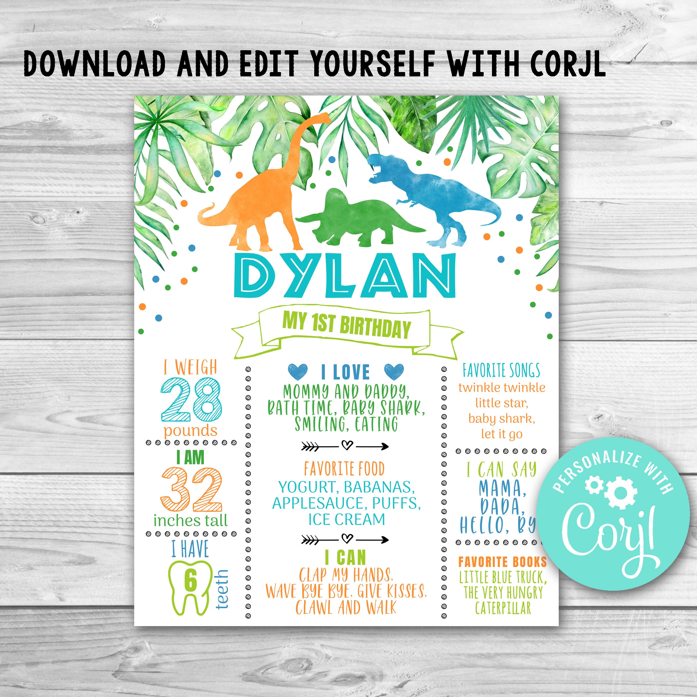 Editable Dinosaur Milestone Birthday Poster Safari Dino - Etsy