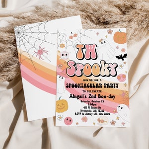 Editable Two Spooky Halloween Birthday Invitation Pink Retro Groovy ...