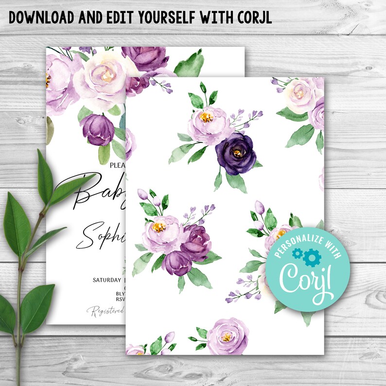 EDITABLE Purple Floral Baby Shower Set, Lilac Baby Shower Invitation ...