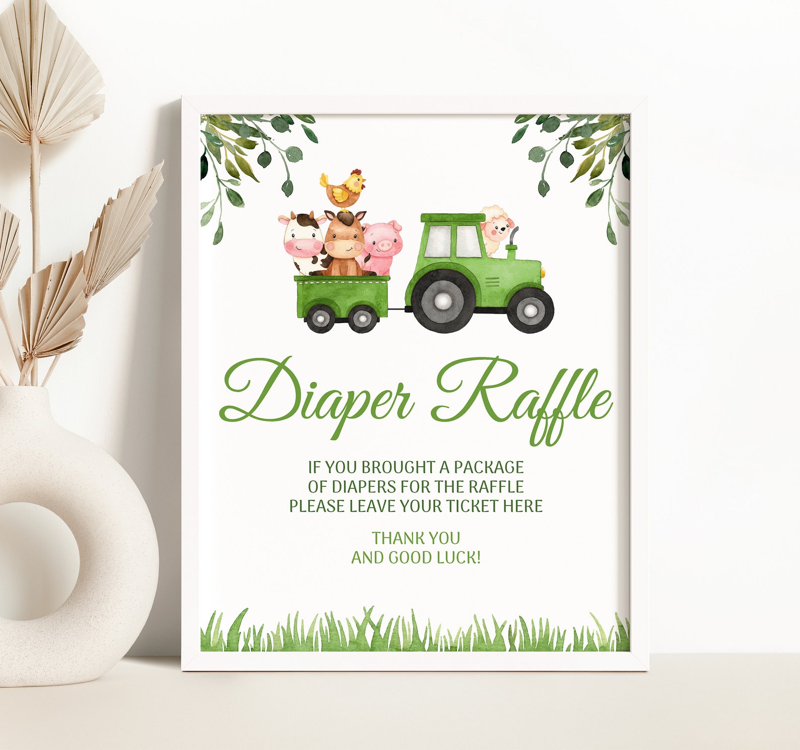 Green Tractor Diaper Raffle Sign Farm Animals Diaper Raffle Sign Green ...