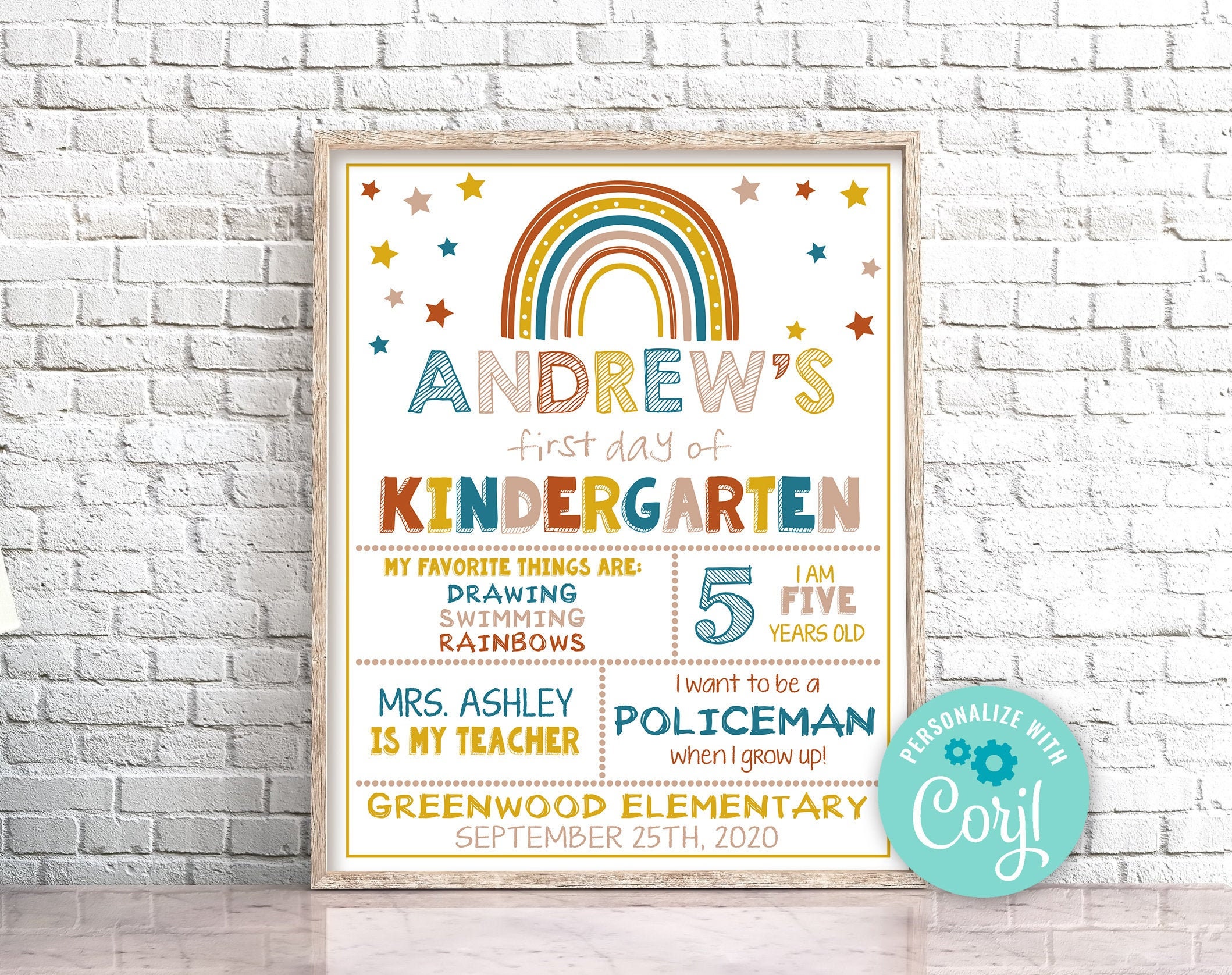Editable First Day of Kindergarten Sign Boho Rainbow First | Etsy Australia