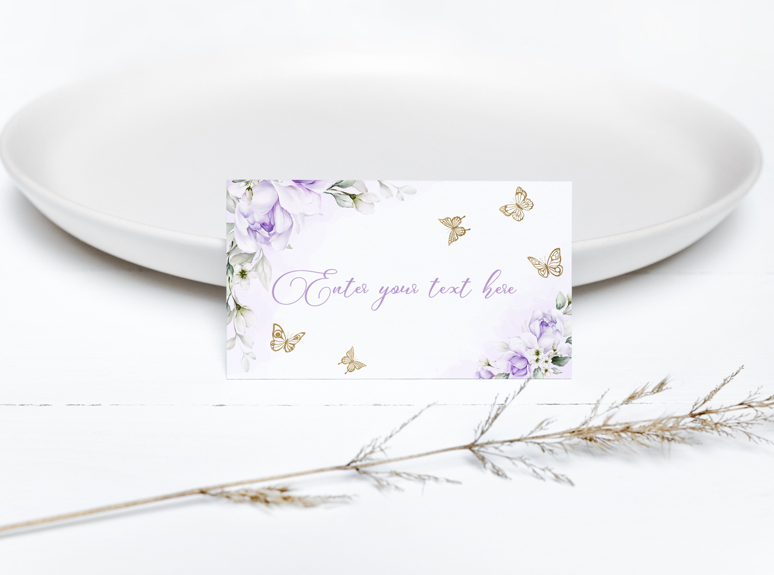 EDITABLE Butterfly Tent Card Gold Butterfly Food Tags Floral Purple ...