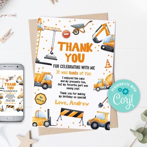 Editable Construction Thank You Card Dump Truck Birthday Party Thank ...