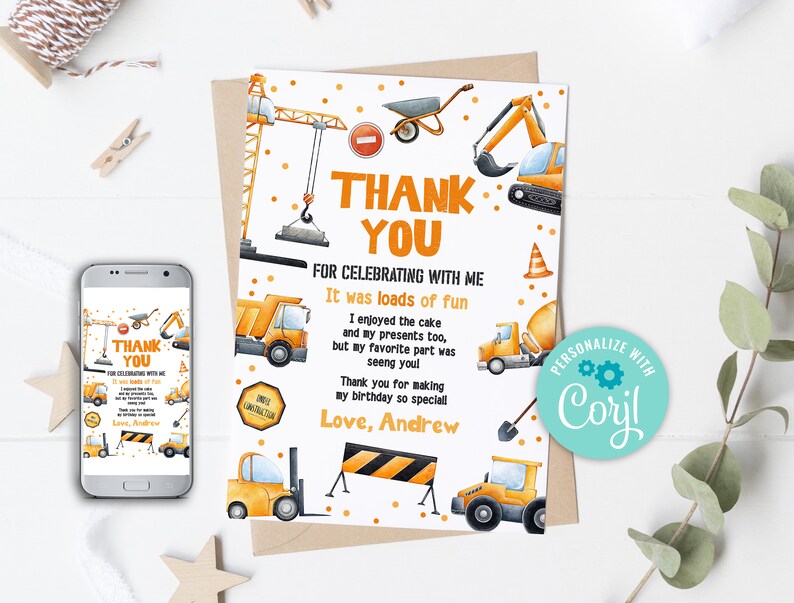 Editable Construction Thank You Card Dump Truck Birthday Party Thank ...