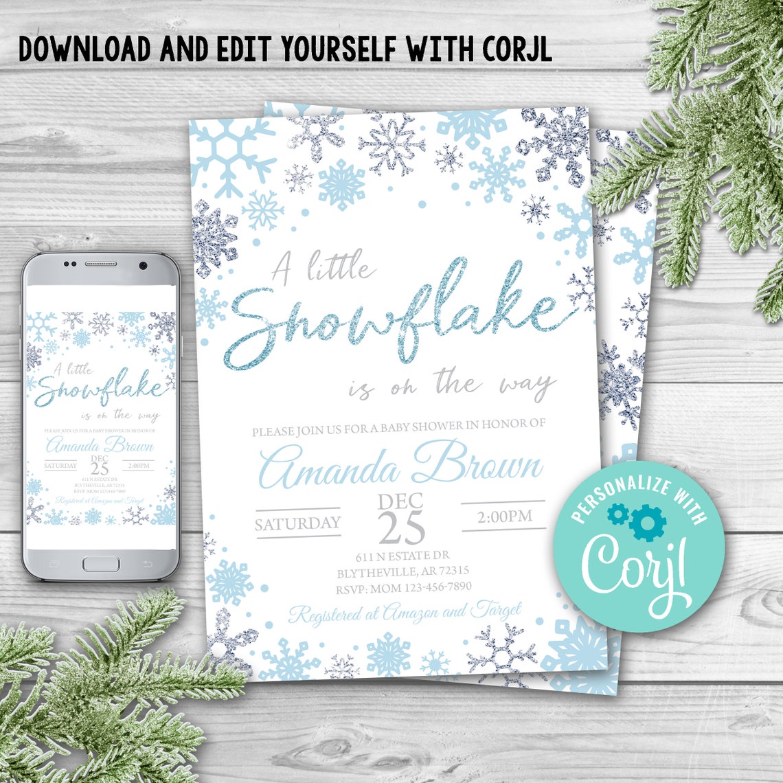 EDITABLE Snowflake Baby Shower Invitation Set. Winter Baby - Etsy