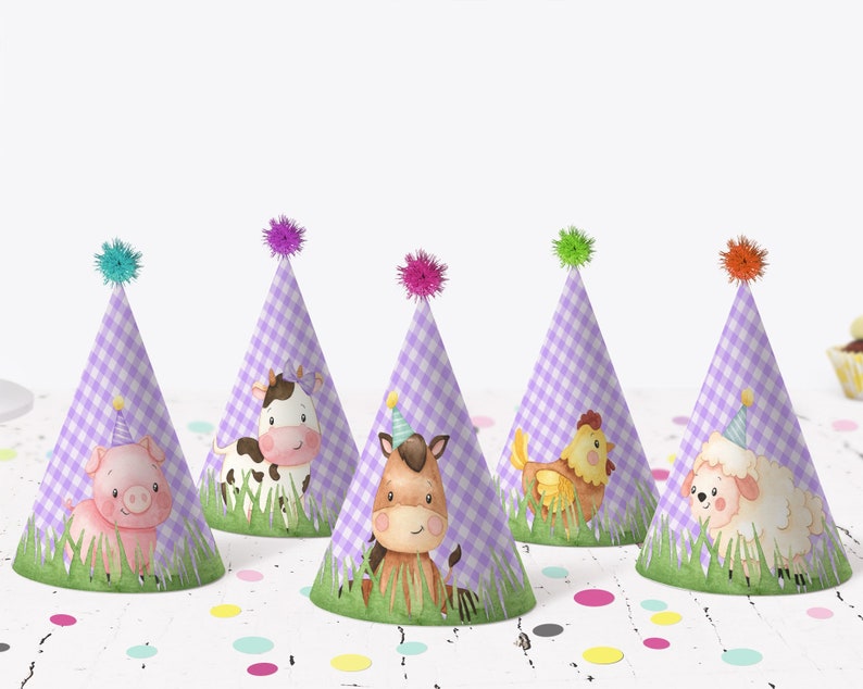 Farm Printable Birthday Party Hats Purple Farm Animals Party Hats Farm ...