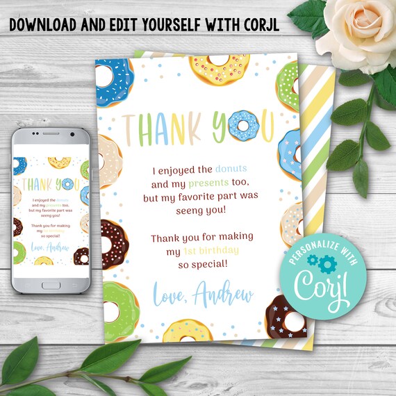 Editable Donut Thank You Card Blue Donut Birthday Party Thank | Etsy