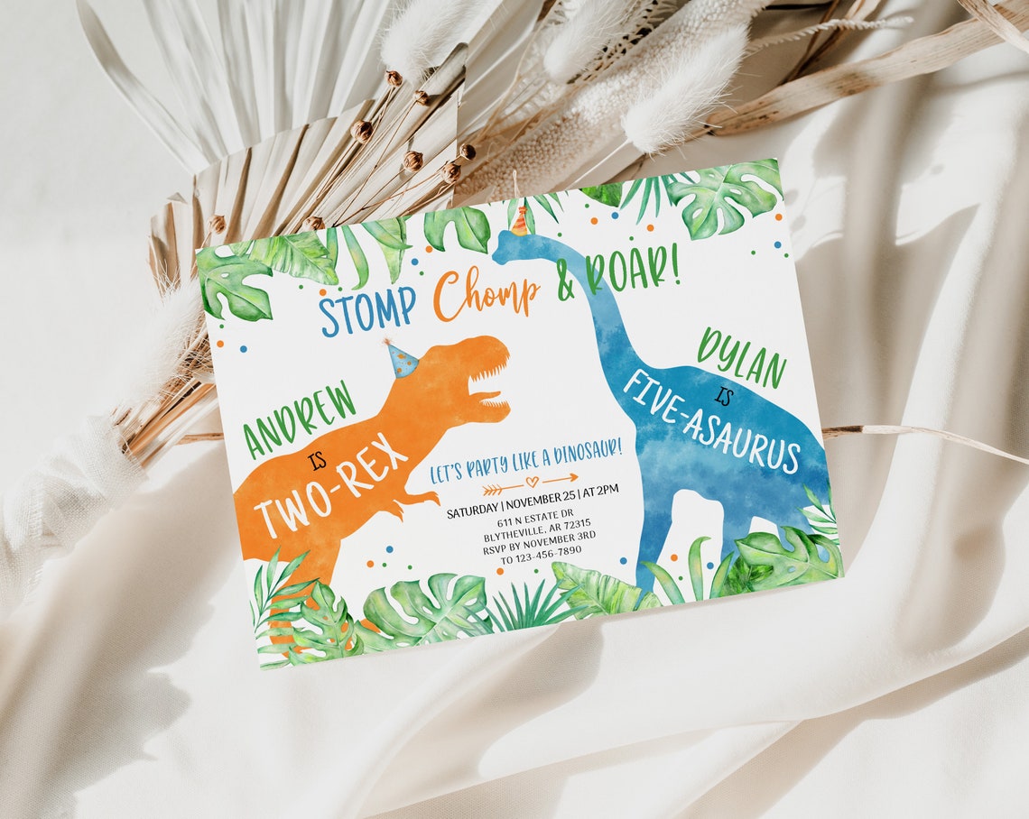 EDITABLE Dinosaur Double Birthday Party Invitation Twins Dino T-rex ...