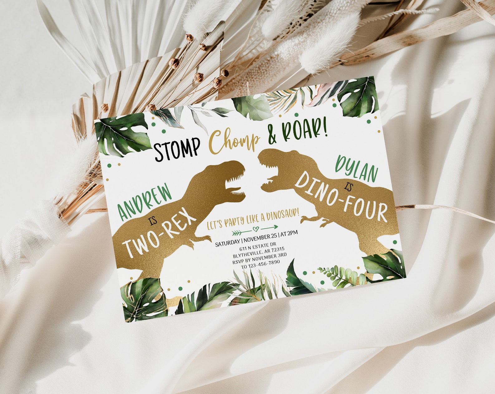 EDITABLE Dinosaur Double Birthday Party Invitation Twins Dino T-rex ...
