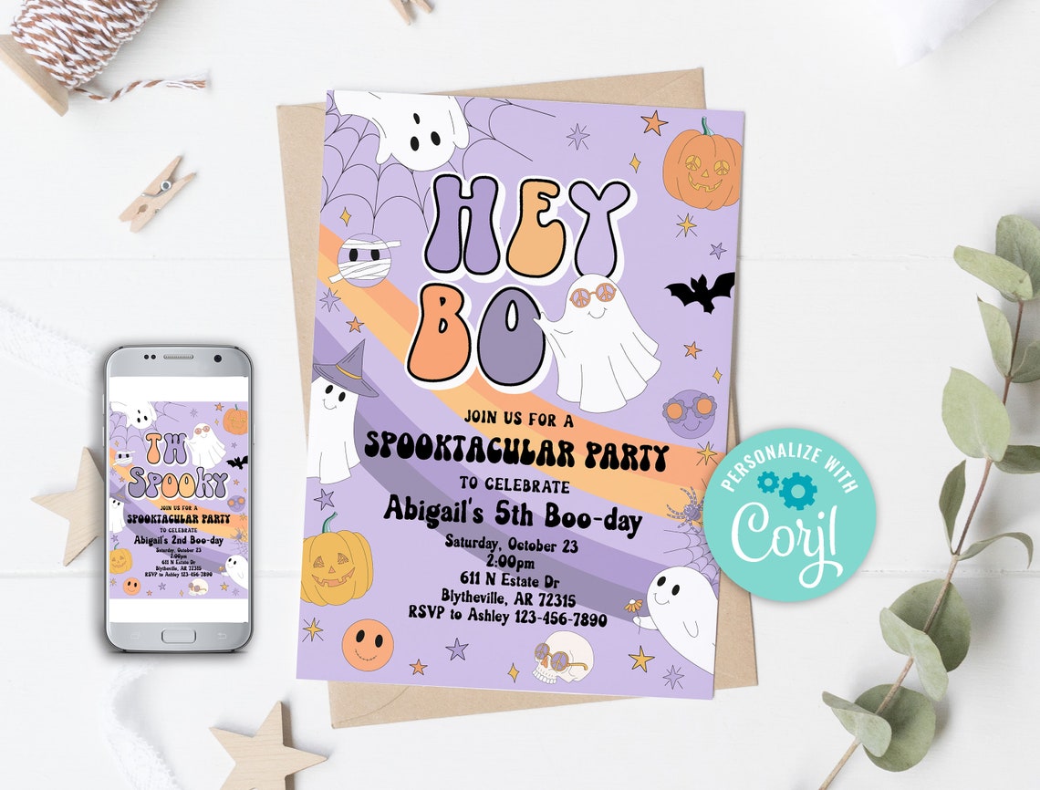 Editable Halloween Hey Boo Ghost Invitation Purple Retro Groovy Rainbow ...