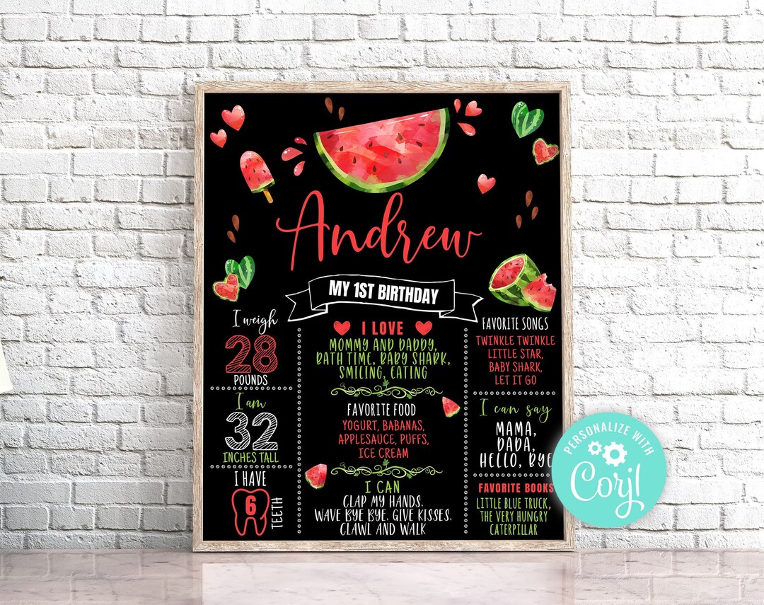 Editable Watermelon Milestone Birthday Poster, Red Watermelon First ...