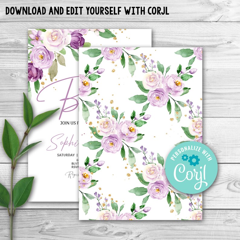 EDITABLE Purple Floral Baby Shower Set, Lilac Baby Shower Invitation ...