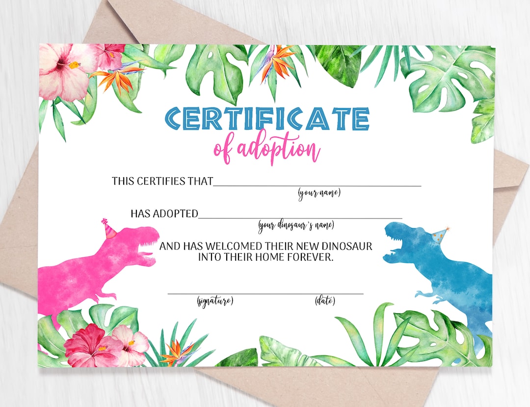 Adopt a Dinosaur Adoption Certificate Pink Blue Dinosaurs Adoption Wild ...