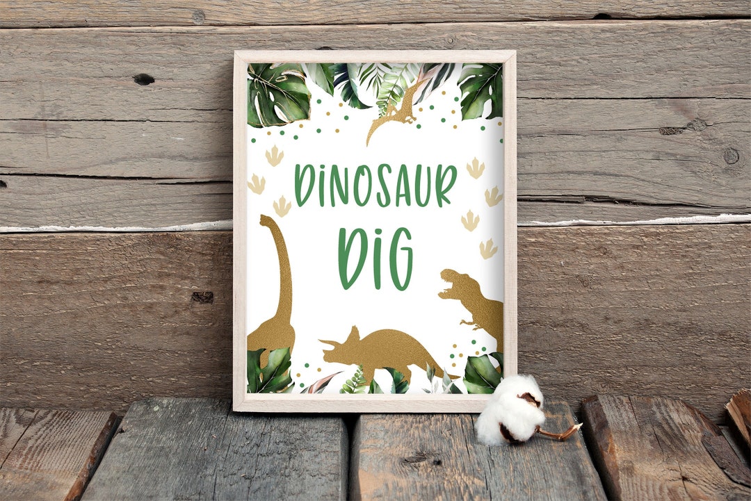 Dinosaur Dig Sign Prehistoric Party Table Decor, Gold Dinosaur ...