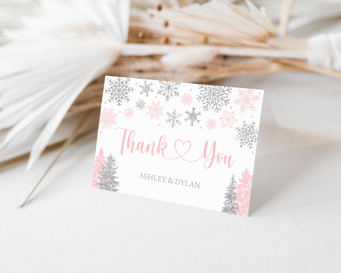 Editable Girl Snowflake Thank You Folded Card Pink Snowflakes Thank You ...