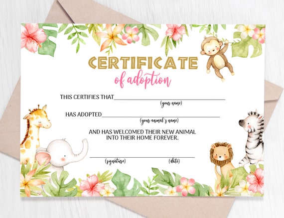 Adopt an Animal Adoption Certificate Safari Animals Adoption - Etsy