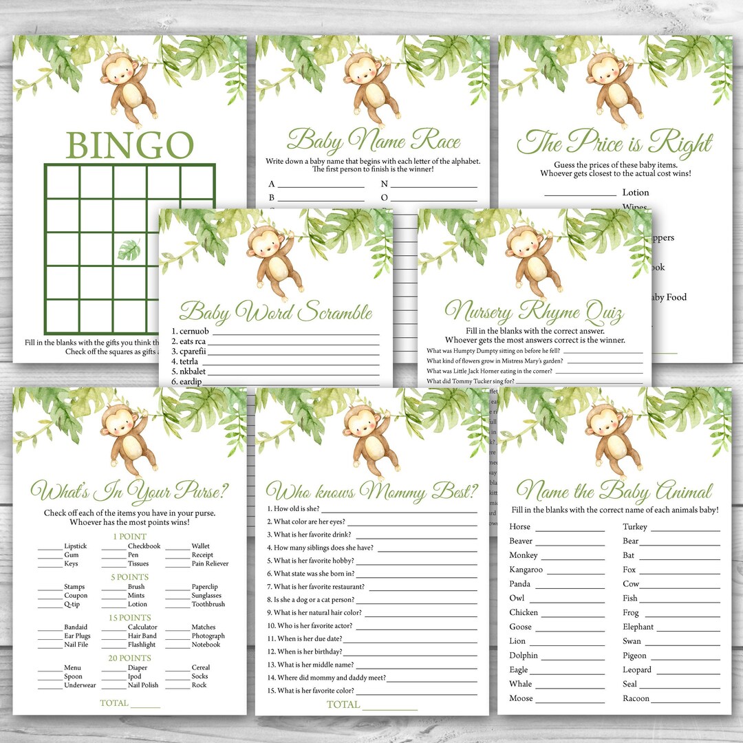 Monkey Baby Shower Game Package, 8 Printable Monkey Baby Shower Games ...