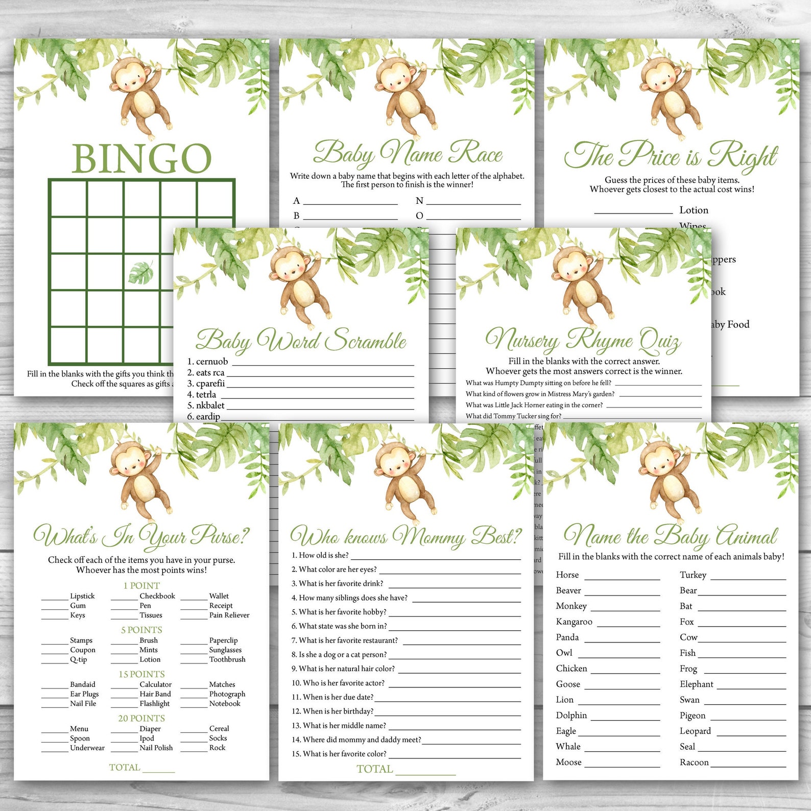 Monkey Baby Shower Game Package 8 Printable Monkey Baby - Etsy