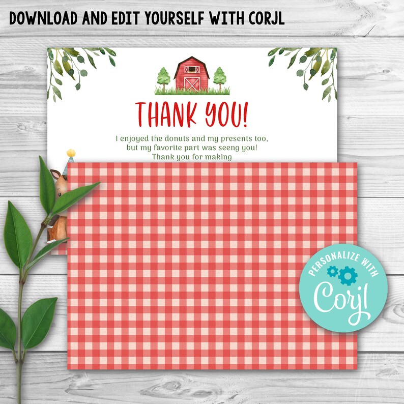 Editable Farm Thank You Card, Red Farm Birthday Party Thank You, Farm ...