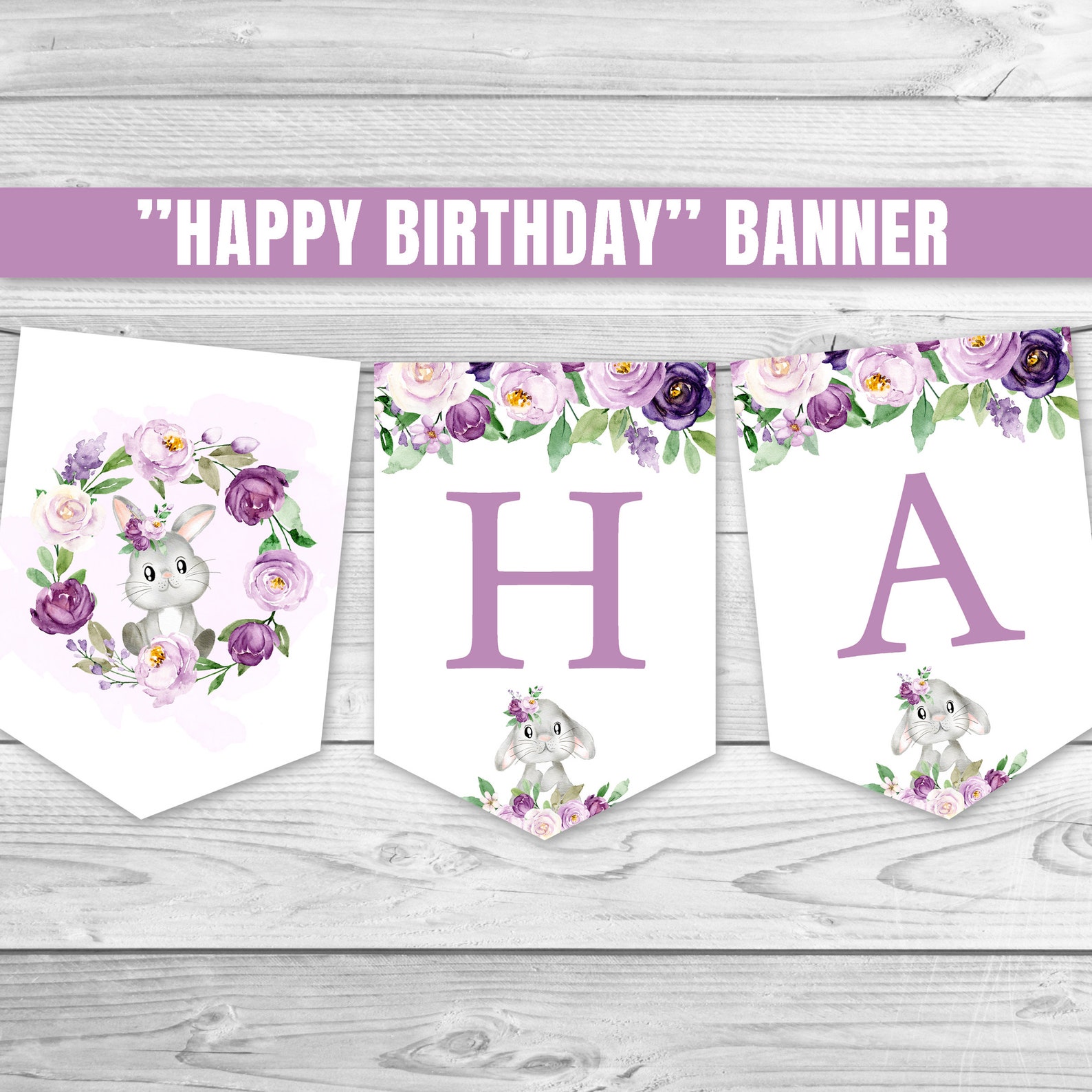 Bunny Happy Birthday Banner Girl Bunny Birthday Banner Purple - Etsy