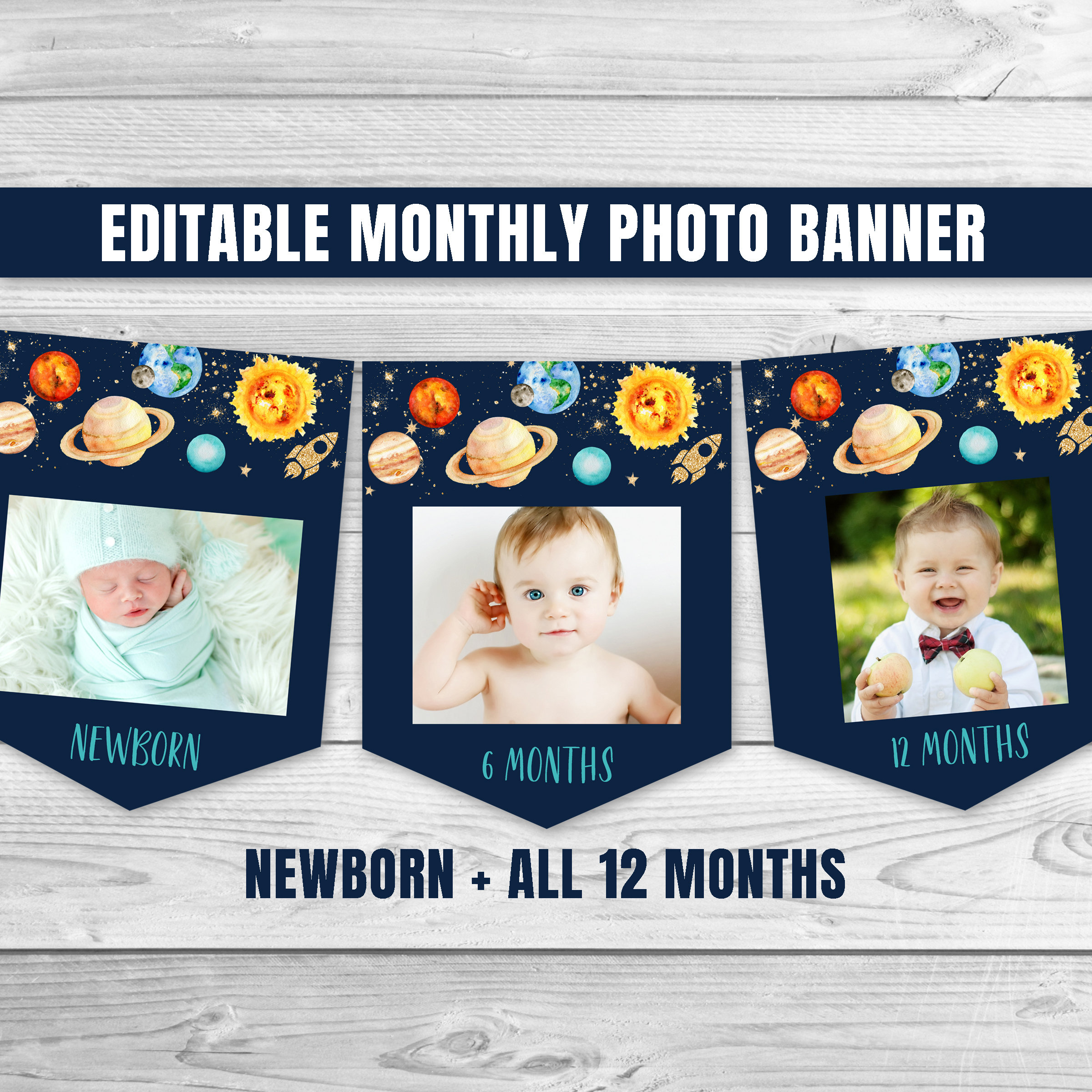 Editable Outer Space Birthday Banner Monthly Photo Banner Planets Outer ...