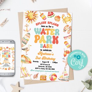 Editable Water Park Birthday Party Invitation Tropical Splish Splash ...