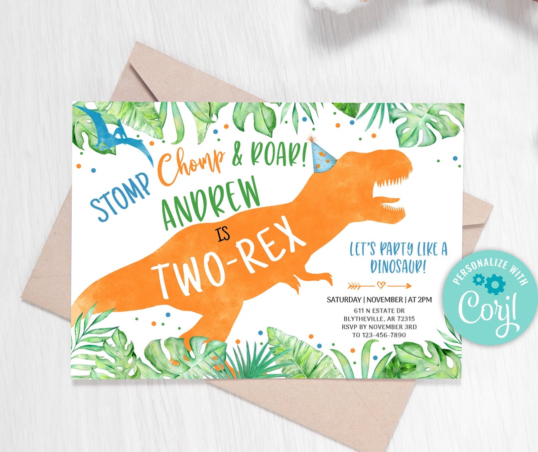 EDITABLE Two-rex Dinosaur Birthday Invitation Dino T-rex Invitation ...