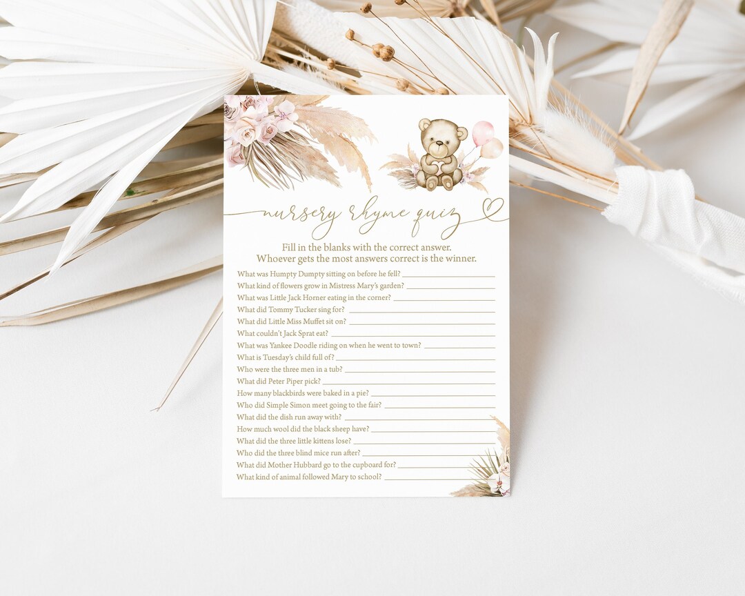 Pampas Grass Bear Nursery Rhyme Quiz Baby Shower Game Boho Bear Baby ...