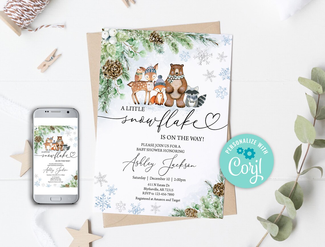 Editable Winter Woodland Animals Baby Shower Invitation Little - Etsy
