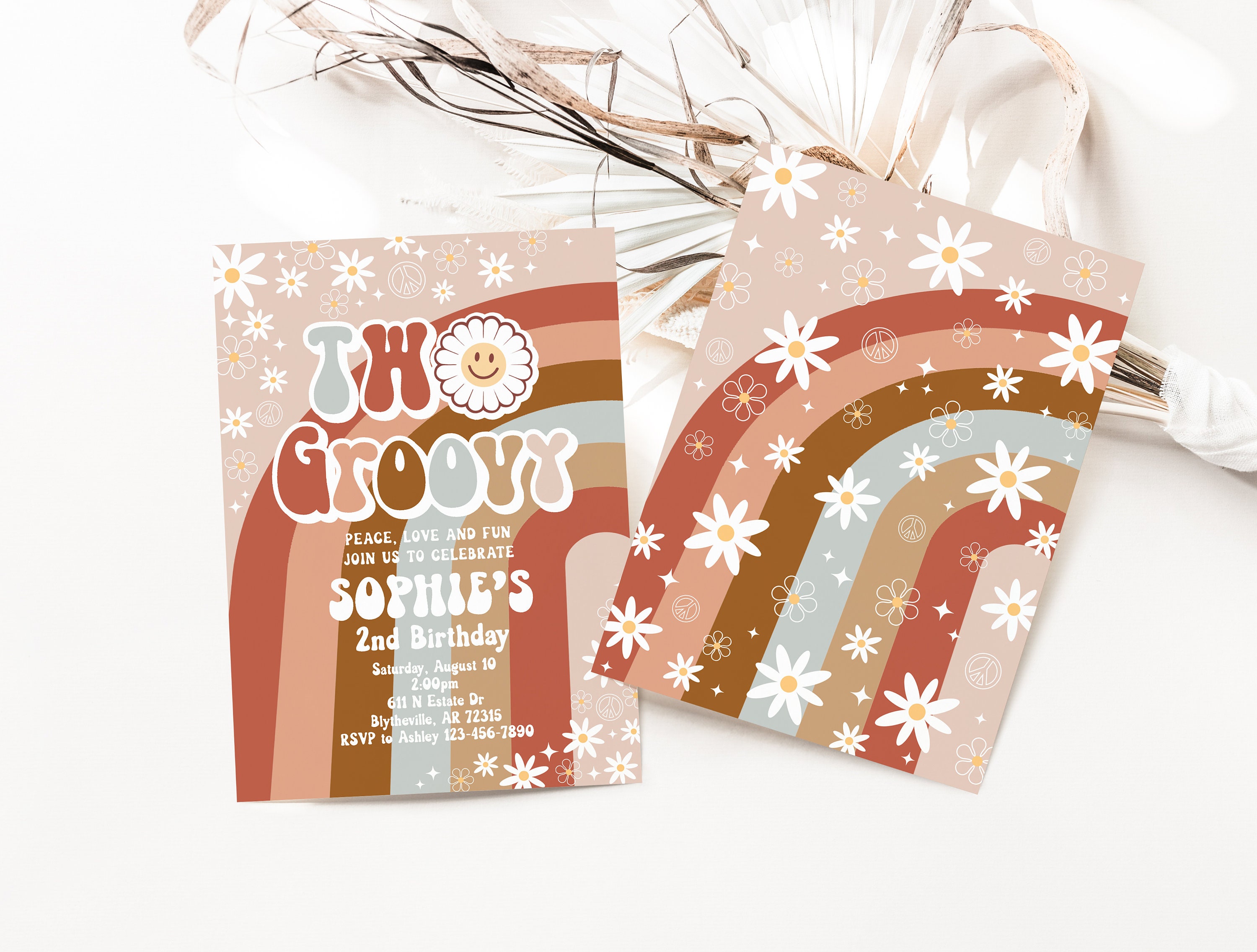 Editable Two Groovy Birthday Party Invitation Daisy Hippie | Etsy