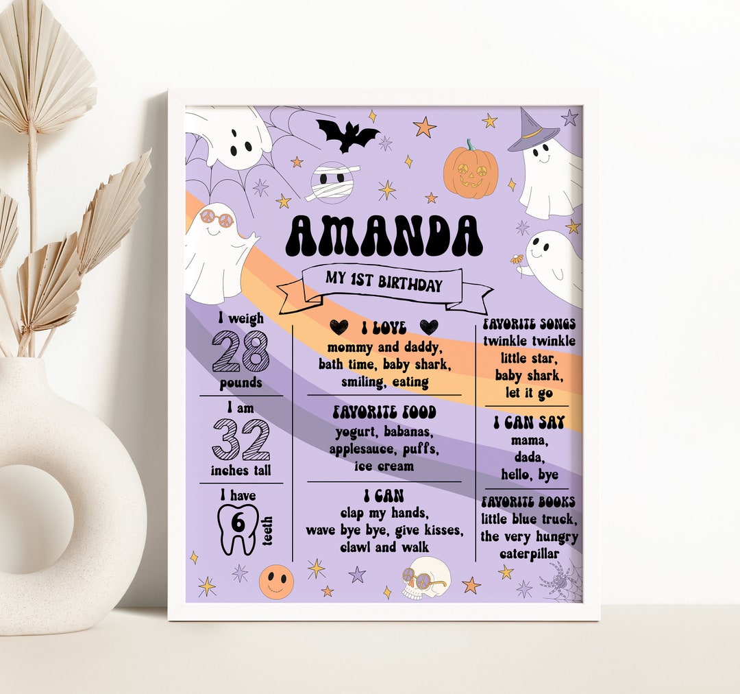 Editable Groovy Retro Halloween Milestone Birthday Poster Purple Ghost ...
